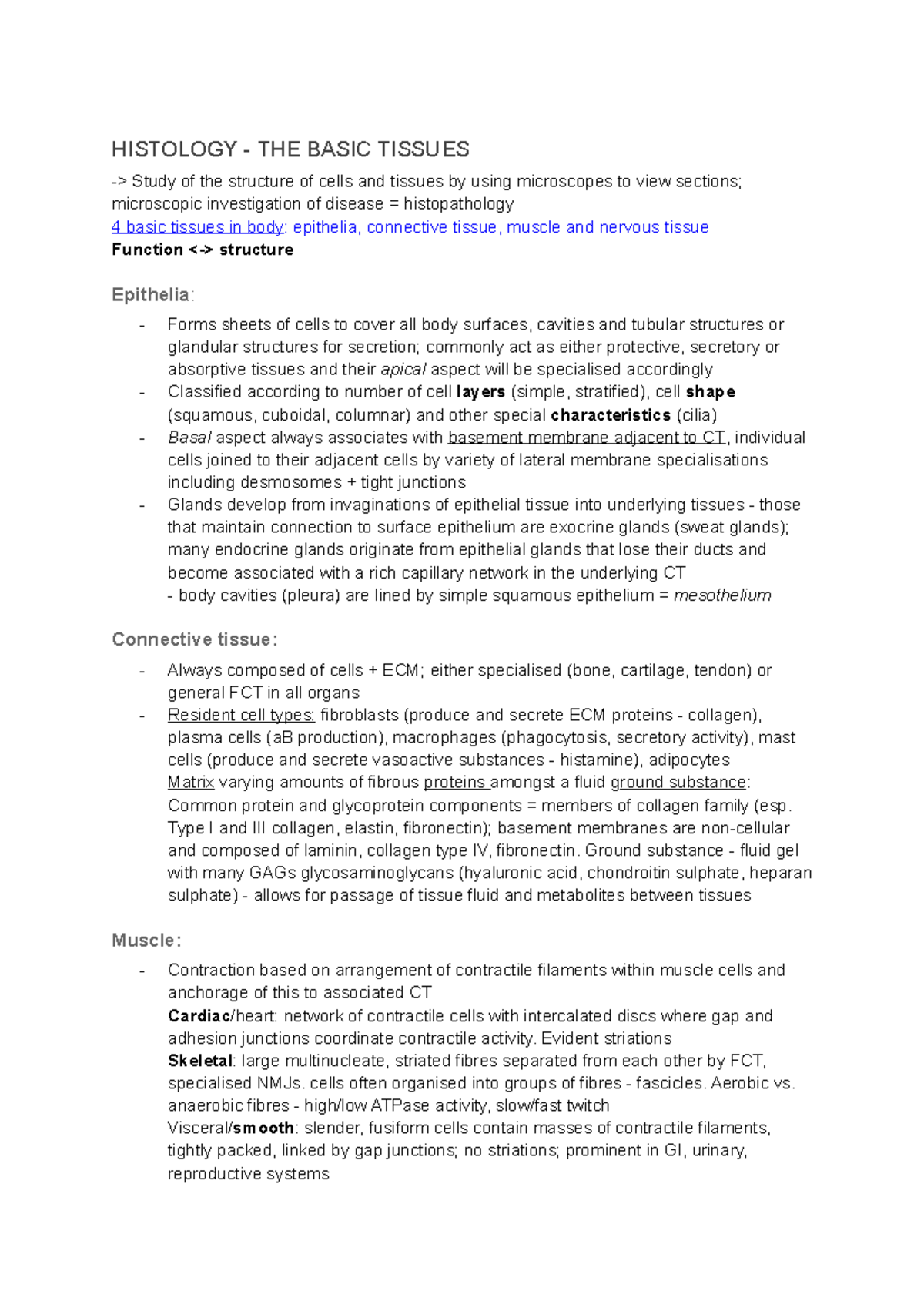 MICN201 Histology Lab key notes - HISTOLOGY - THE BASIC TISSUES ...