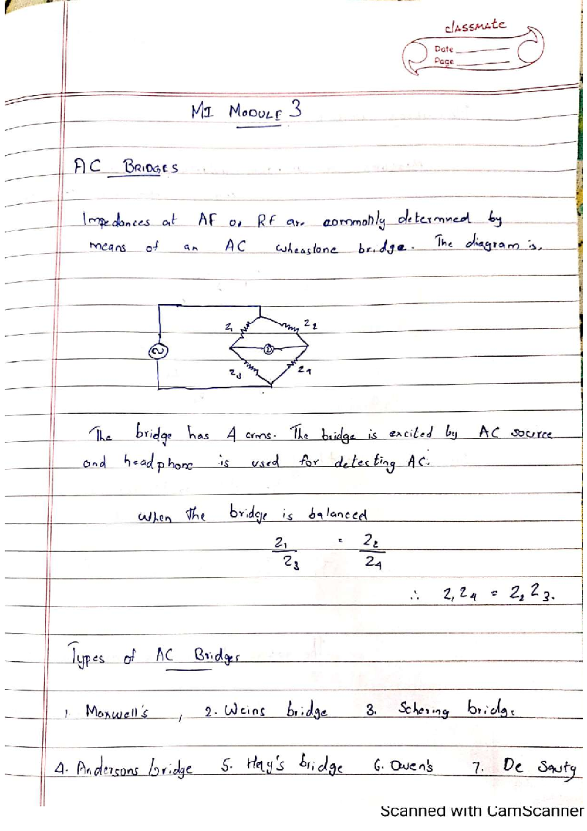 MI mod 3 compressed (1) - KQB Ktu Qbank - classmate Date Page MI MODULE 3 AC BRIDGES Impedances ...