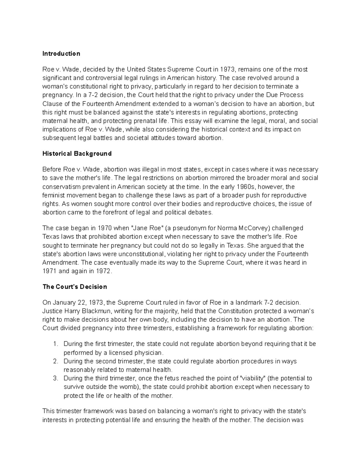 Law Rv W - Older essay on Rowe V Wade - Introduction Roe v. Wade ...