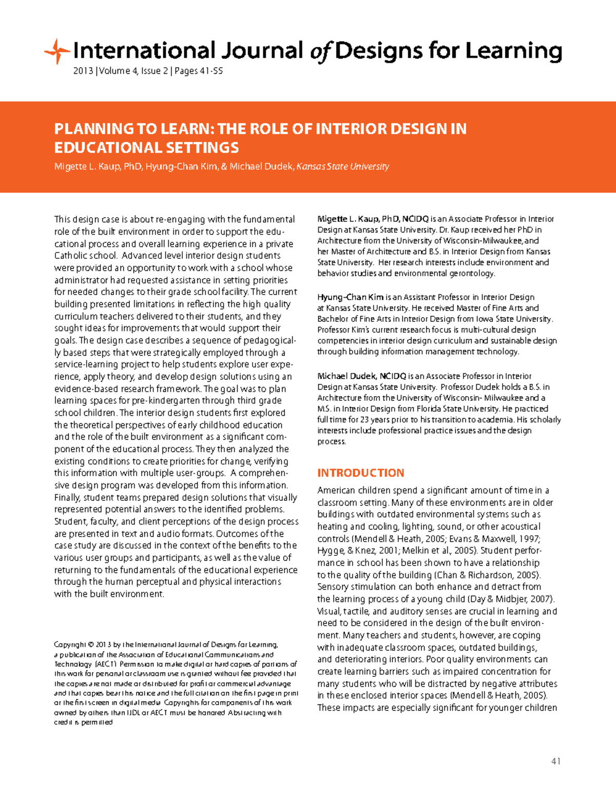 Planning TO Learn THE ROLE OF Interior Design IN Educational Settings ...