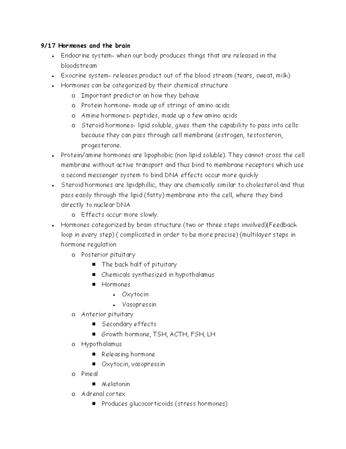Psyc 2200 Exam 2 notes - 9/17 Hormones and the brain Endocrine system ...