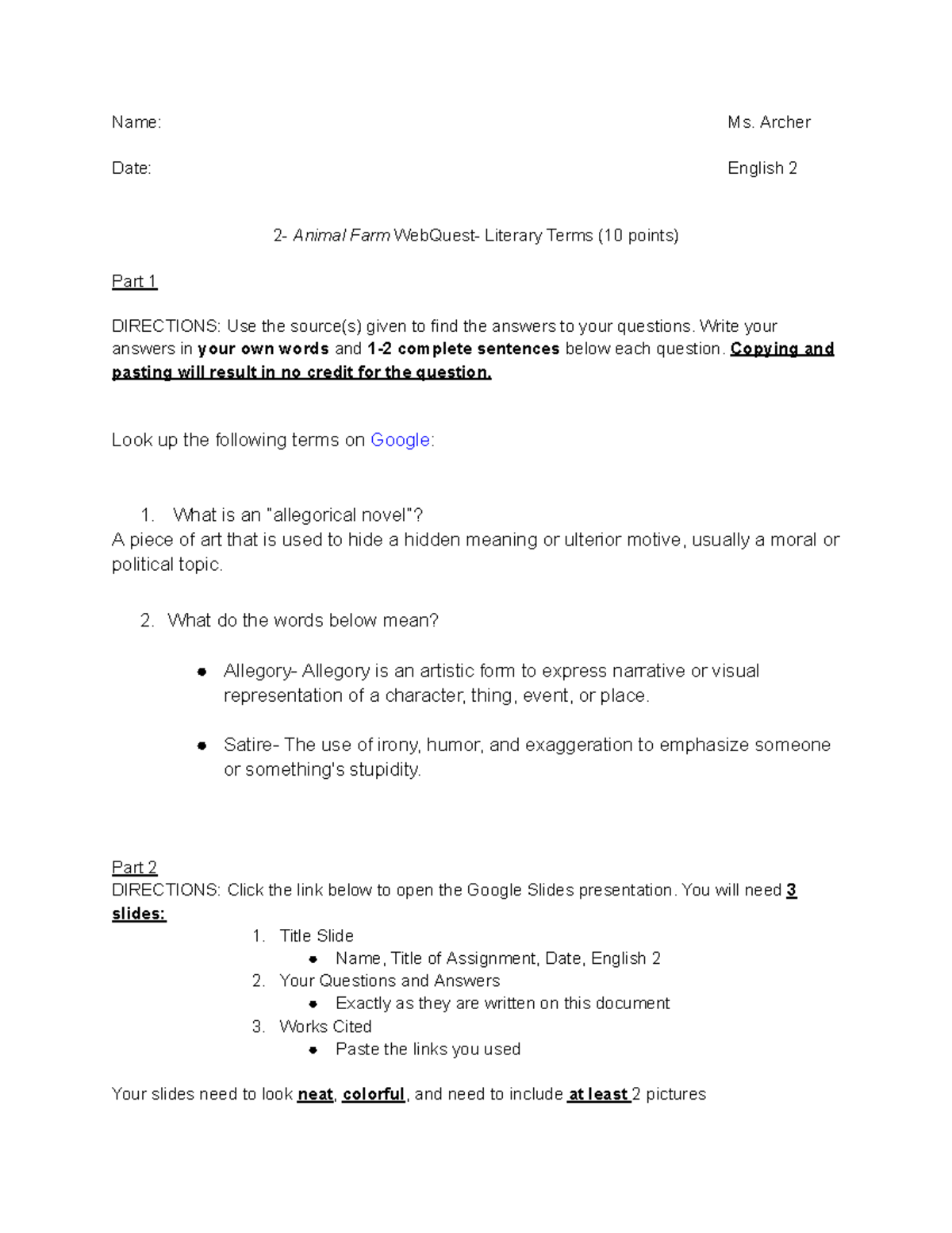 2- Animal Farm Web Quest- Literary Terms - Name: Ms. Archer Date ...