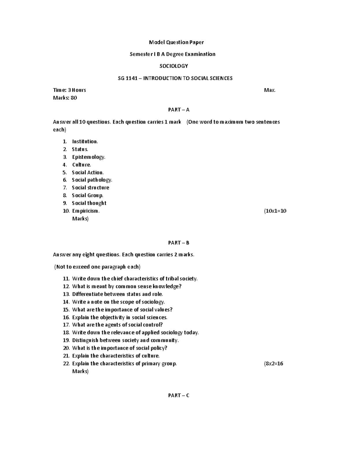 Modelquestionbasociology - Model Question Paper Semester I B A Degree ...