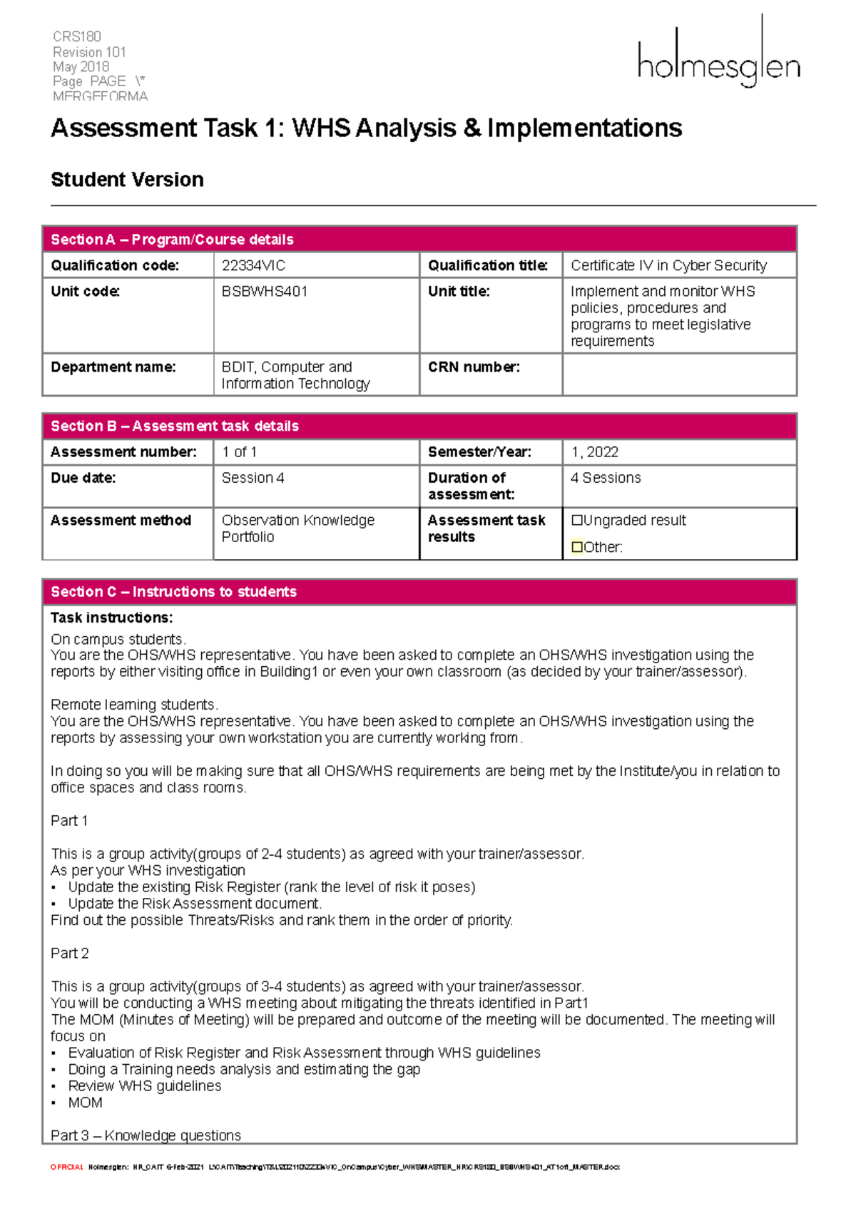 CRS180 Bsbwhs 401 AT1of1 Learner - Assessment Task 1: WHS Analysis ...