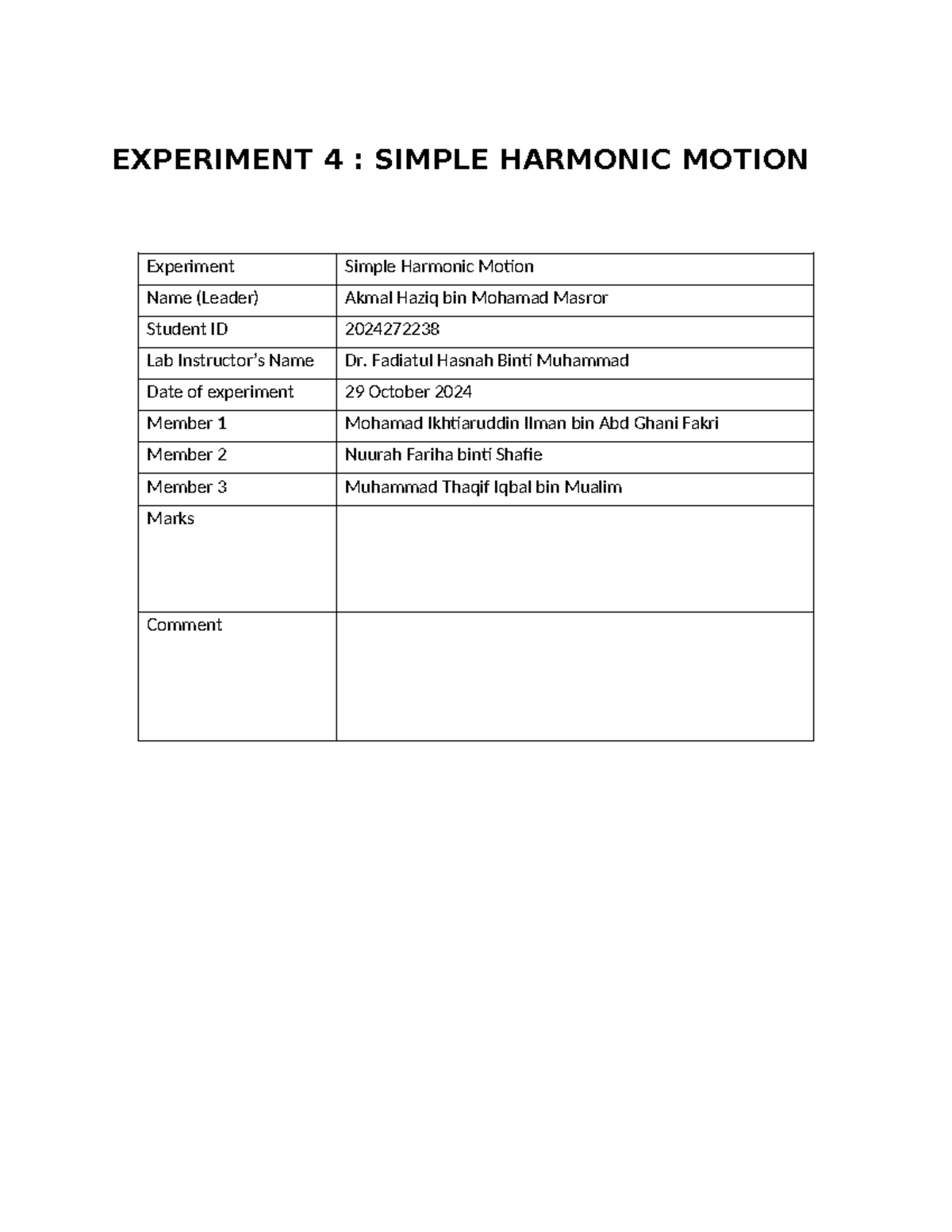 Experiment 4 PHY094 - EXPERIMENT 4 : SIMPLE HARMONIC MOTION Experiment ...