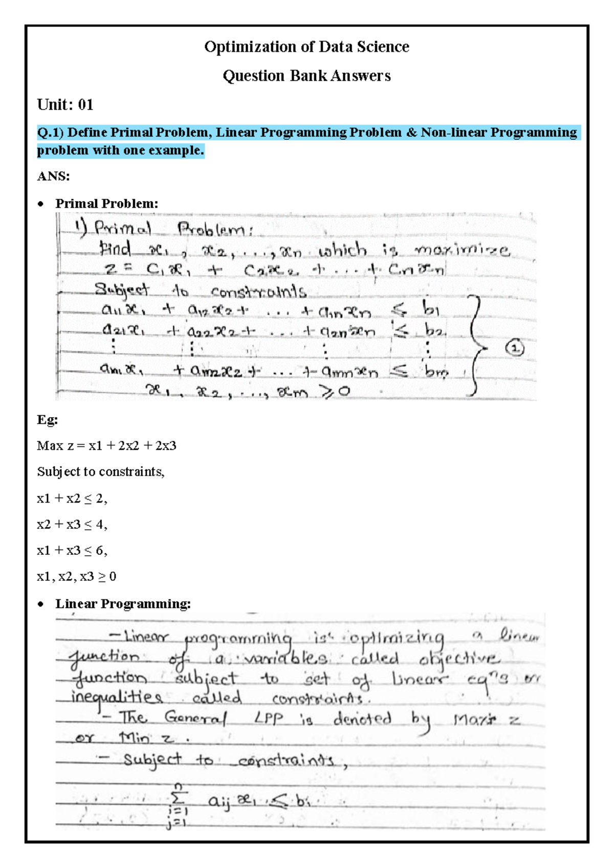 ODS ESE ANS - Optimization of Data Science Question Bank Answers Unit: 01 Q) Define Primal ...