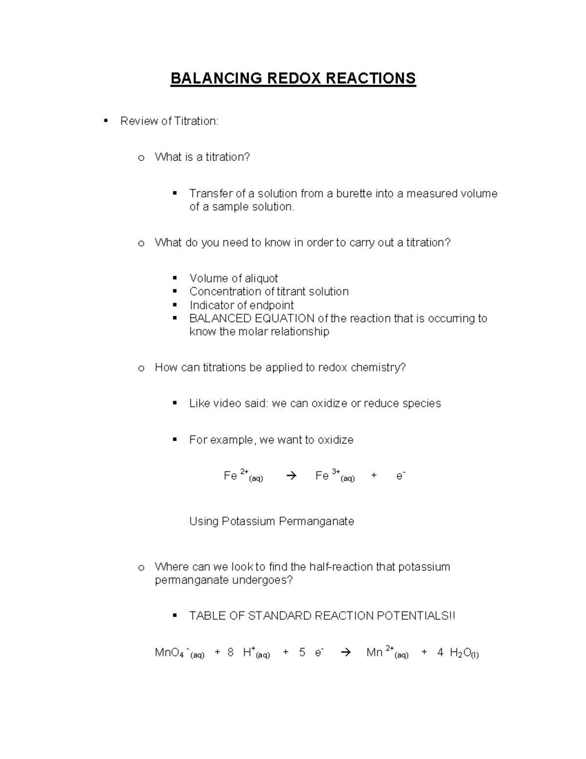 3-notes redox - BALANCING REDOX REACTIONS Review of Titration: o What ...