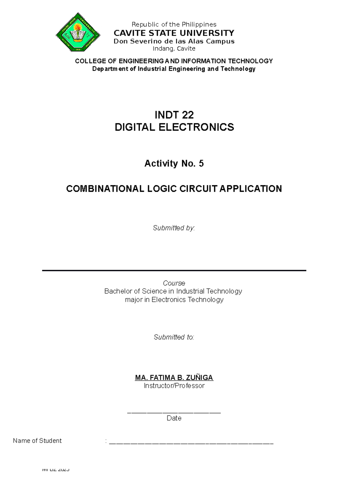 Laboratory Activity 5- Combinational Logic Circuit Application - CAVITE ...