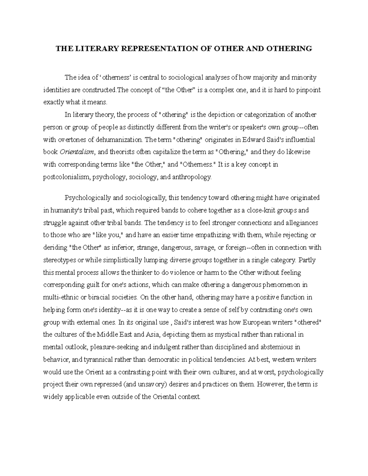 THE Literary Representation OF Other AND Othering Assignment Advaitha.M ...