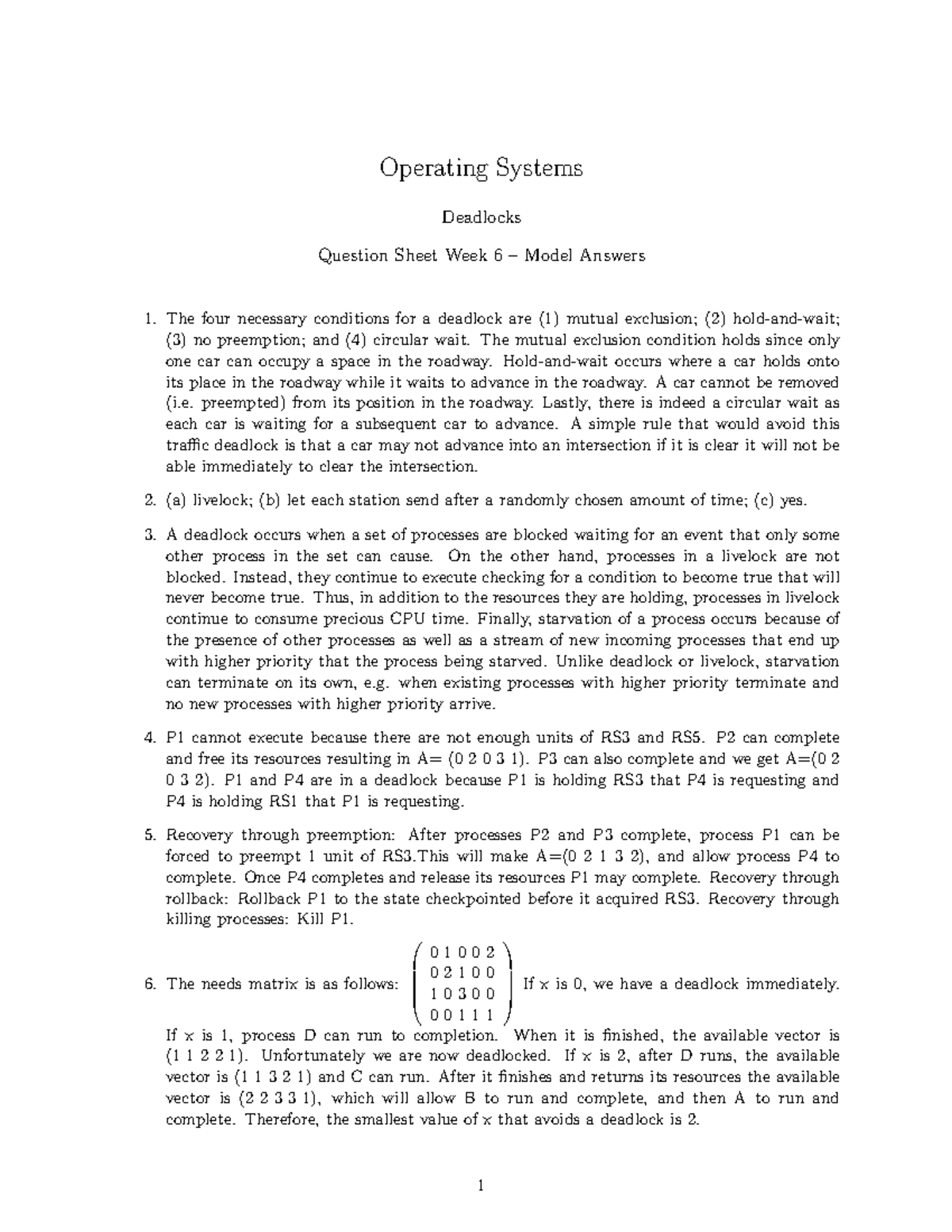 Questions set 6 model answers - Operating Systems Deadlocks Question ...
