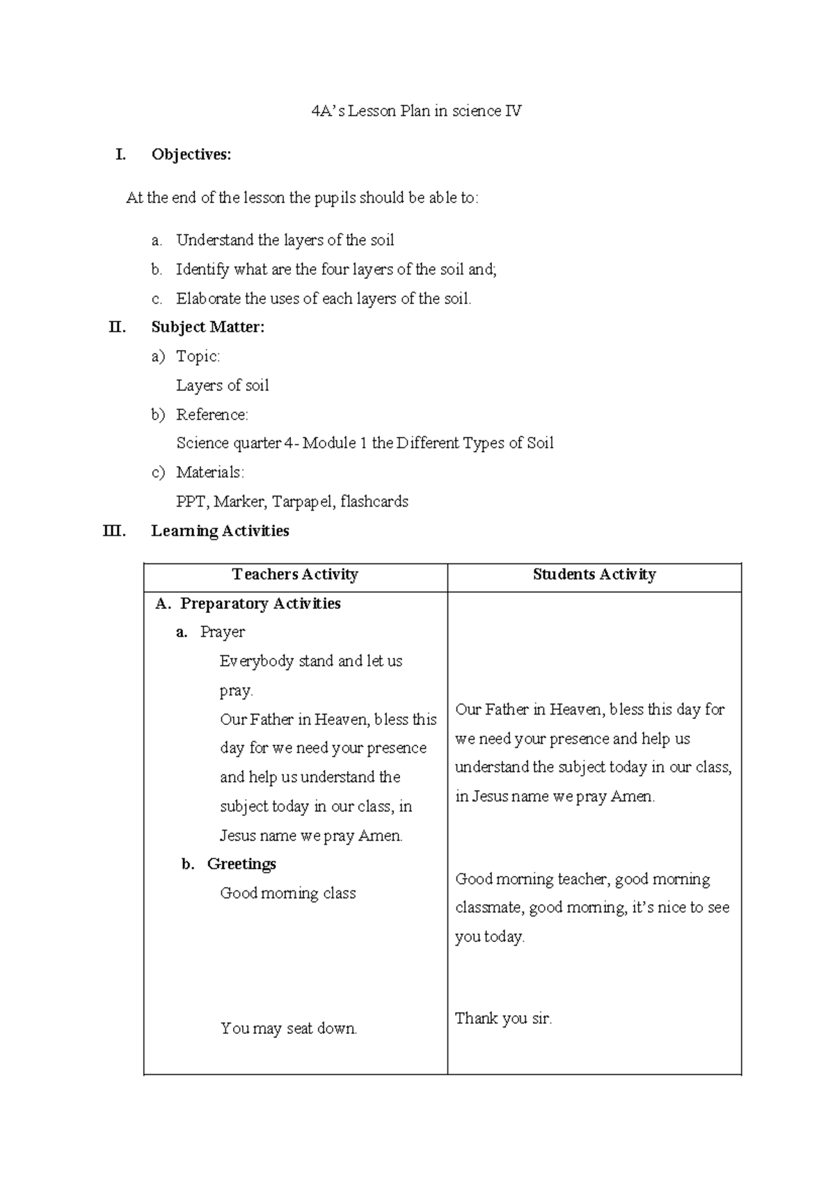 IV Science Lesson plan - 4A’s Lesson Plan in science IV I. Objectives ...