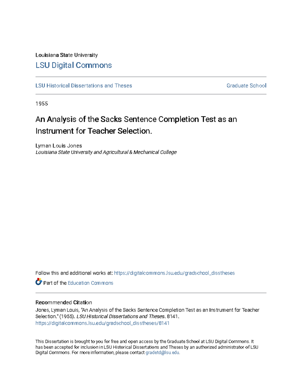 An Analysis of the Sacks Sentence Completion Test as an Instrumen ...