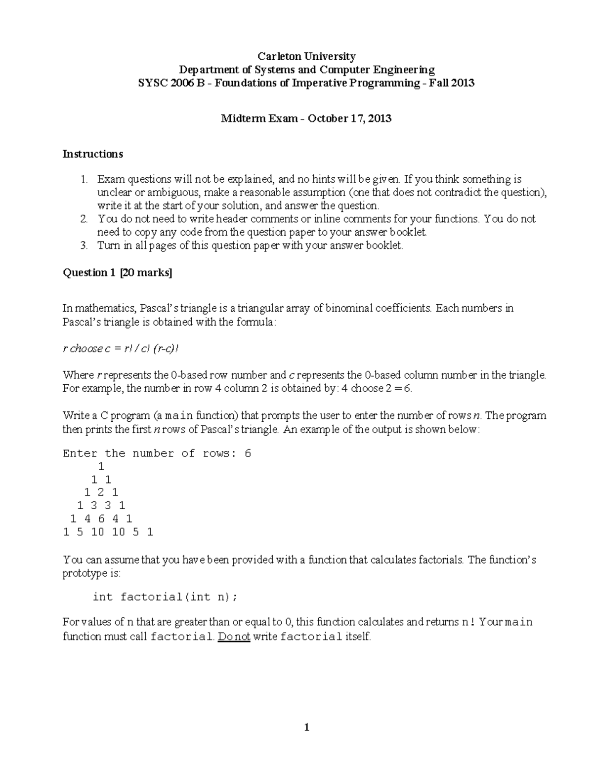 Exam 17 October 2013, Questions - Carleton University Department of Systems and Computer ...