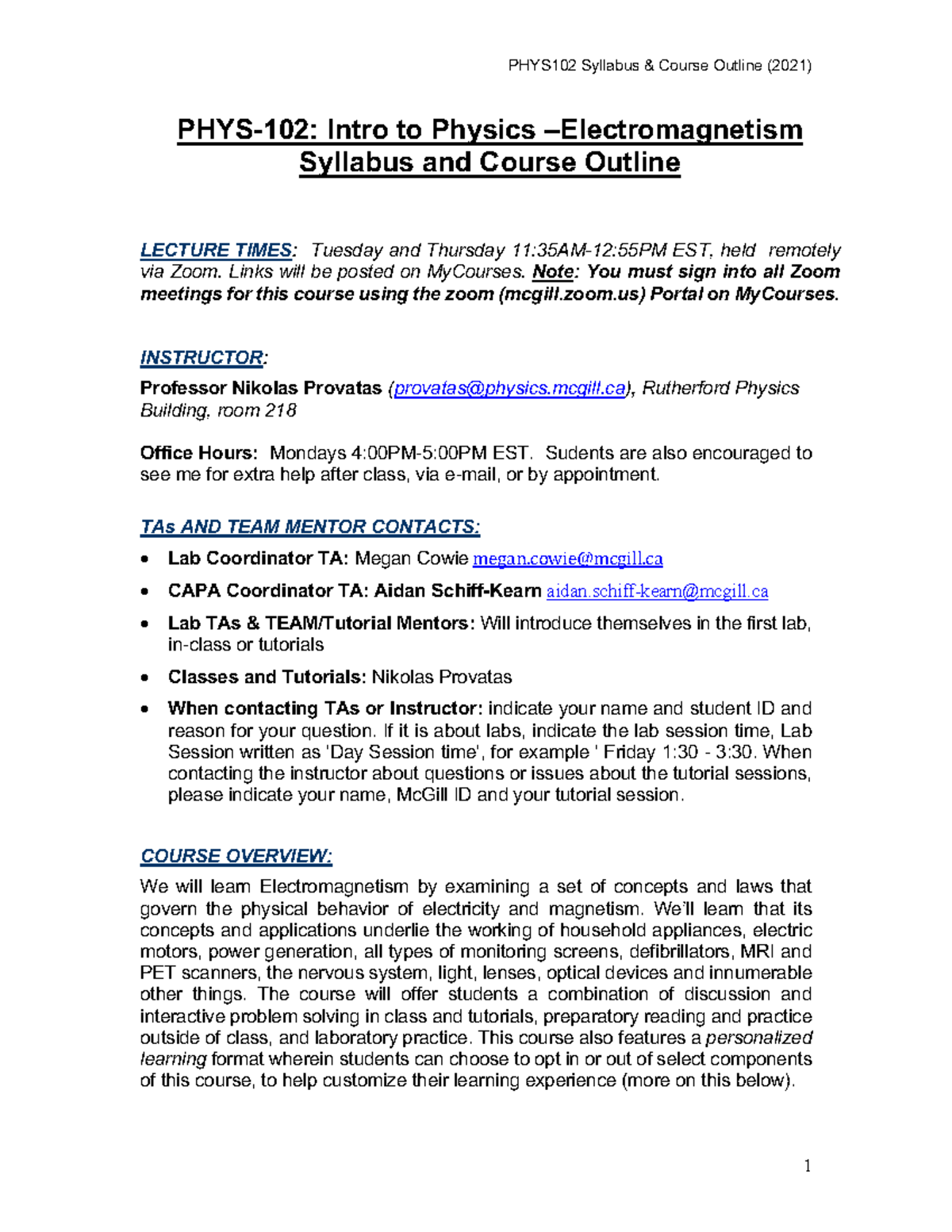 PHYS102 2021 Syllabus - PHYS-102: Intro to Physics –Electromagnetism Syllabus and Course Outline ...