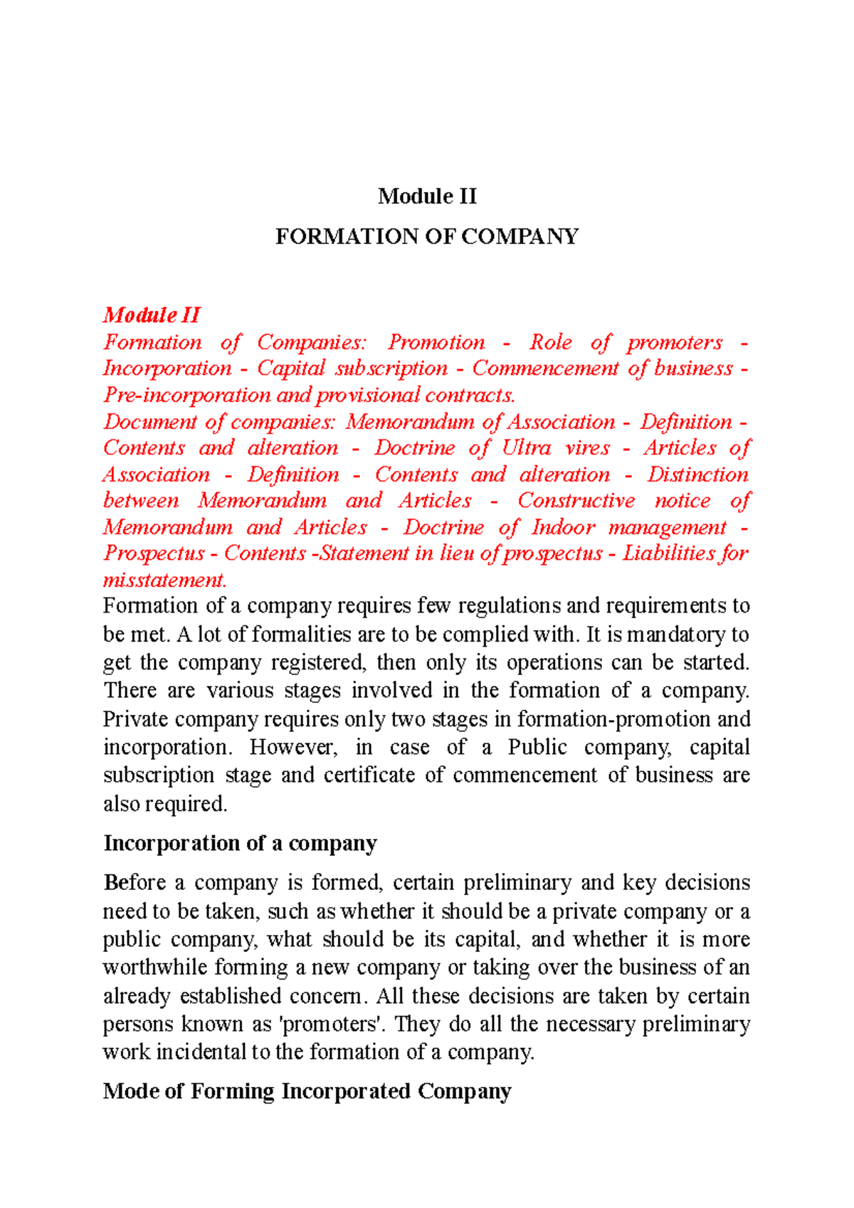 CR Notes Module 2 - Module II FORMATION OF COMPANY Module II Formation ...