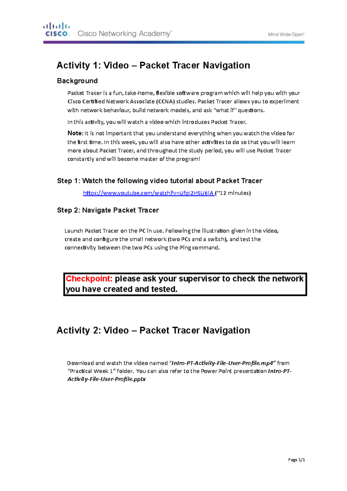 INFT 1012 Practical Week1 - Page 1 / Activity 1: Video – Packet Tracer Navigation Background ...