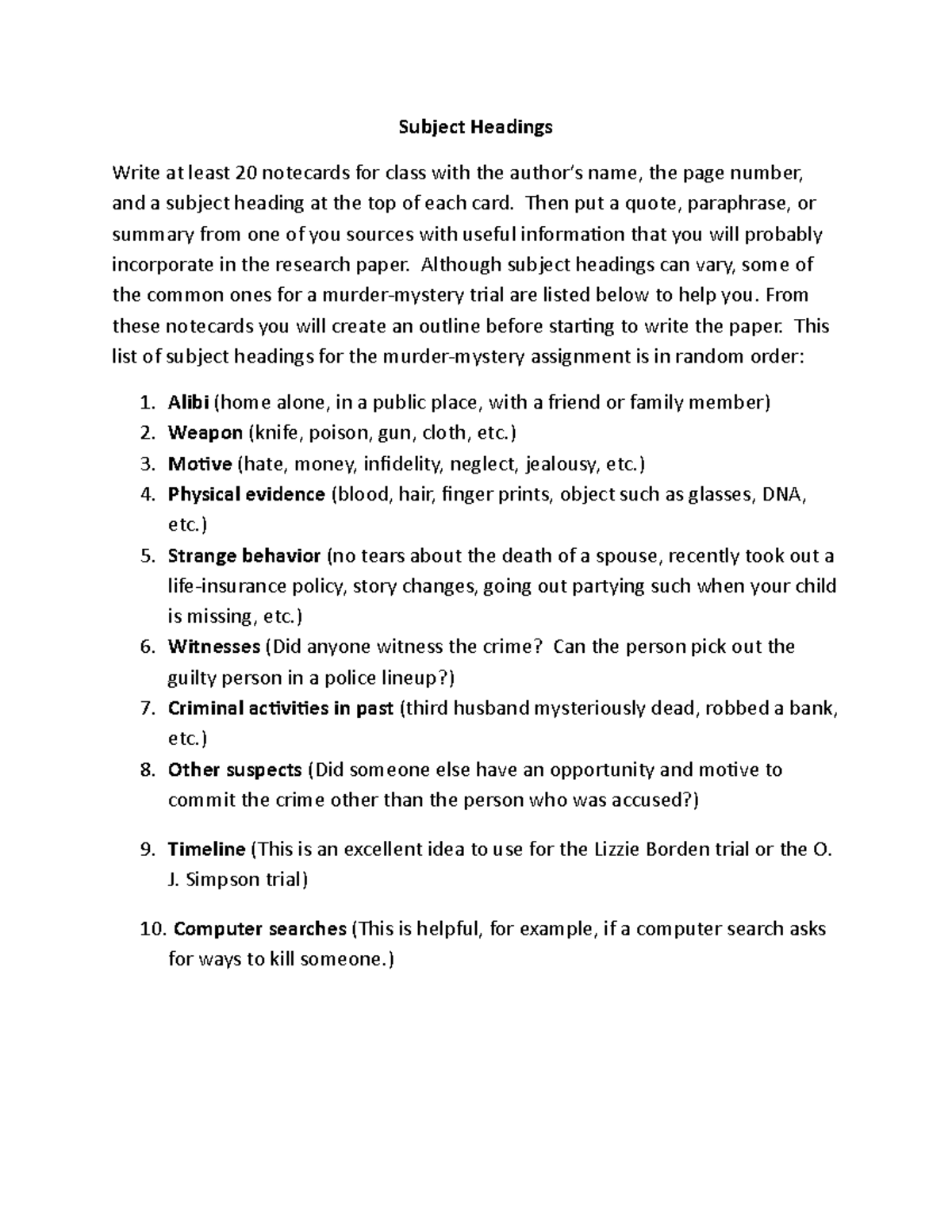 Subject headings for a paper on a murder trial - Subject Headings Write ...