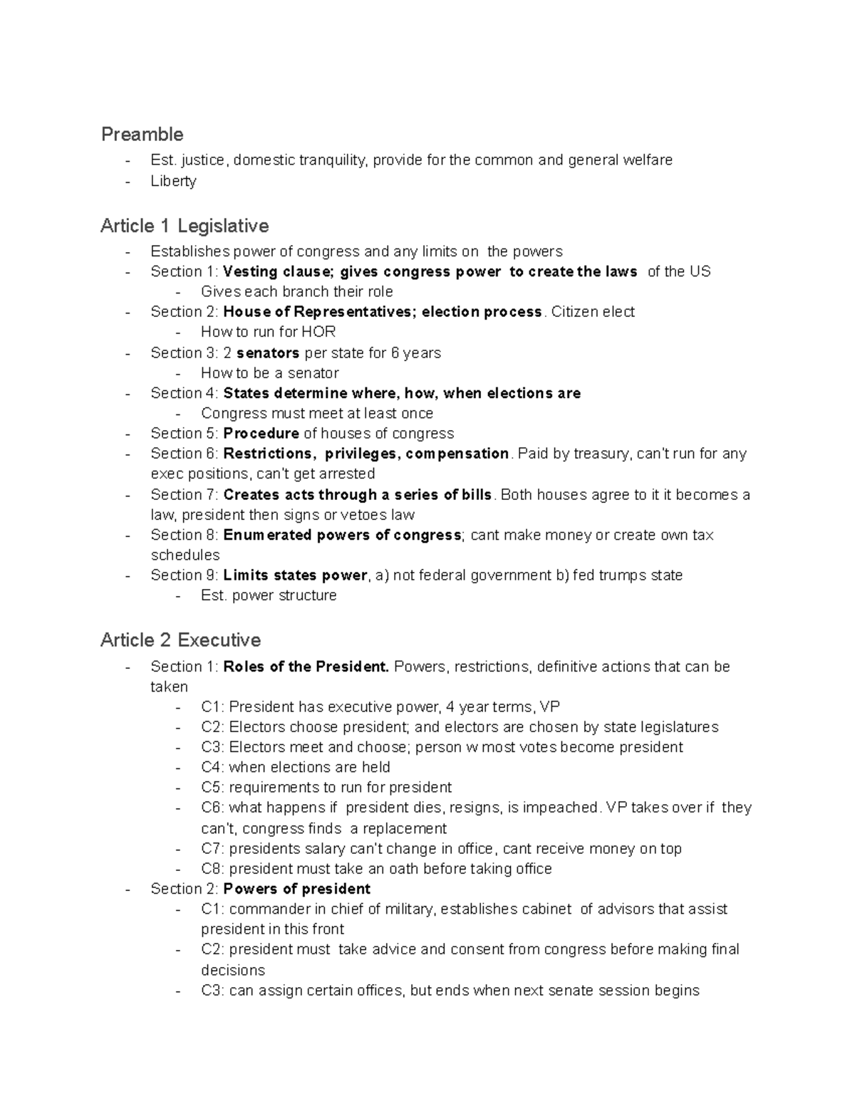 Constitution Reading Notes - Preamble Est. justice, domestic ...