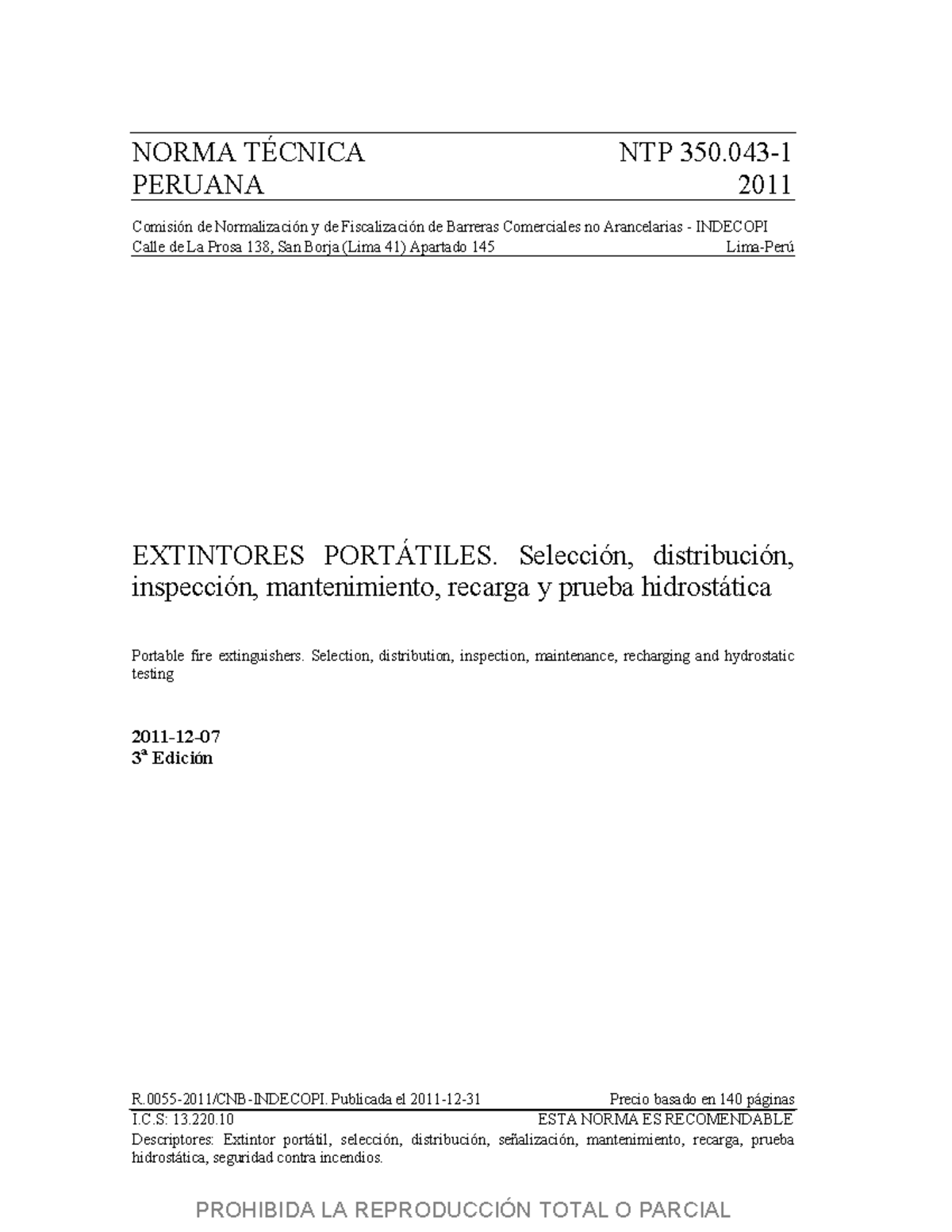 NTP 350-043-1 - SAD - NORMA TÉCNICA NTP 350- PERUANA 2011 Comisión de Normalización y de - Studocu