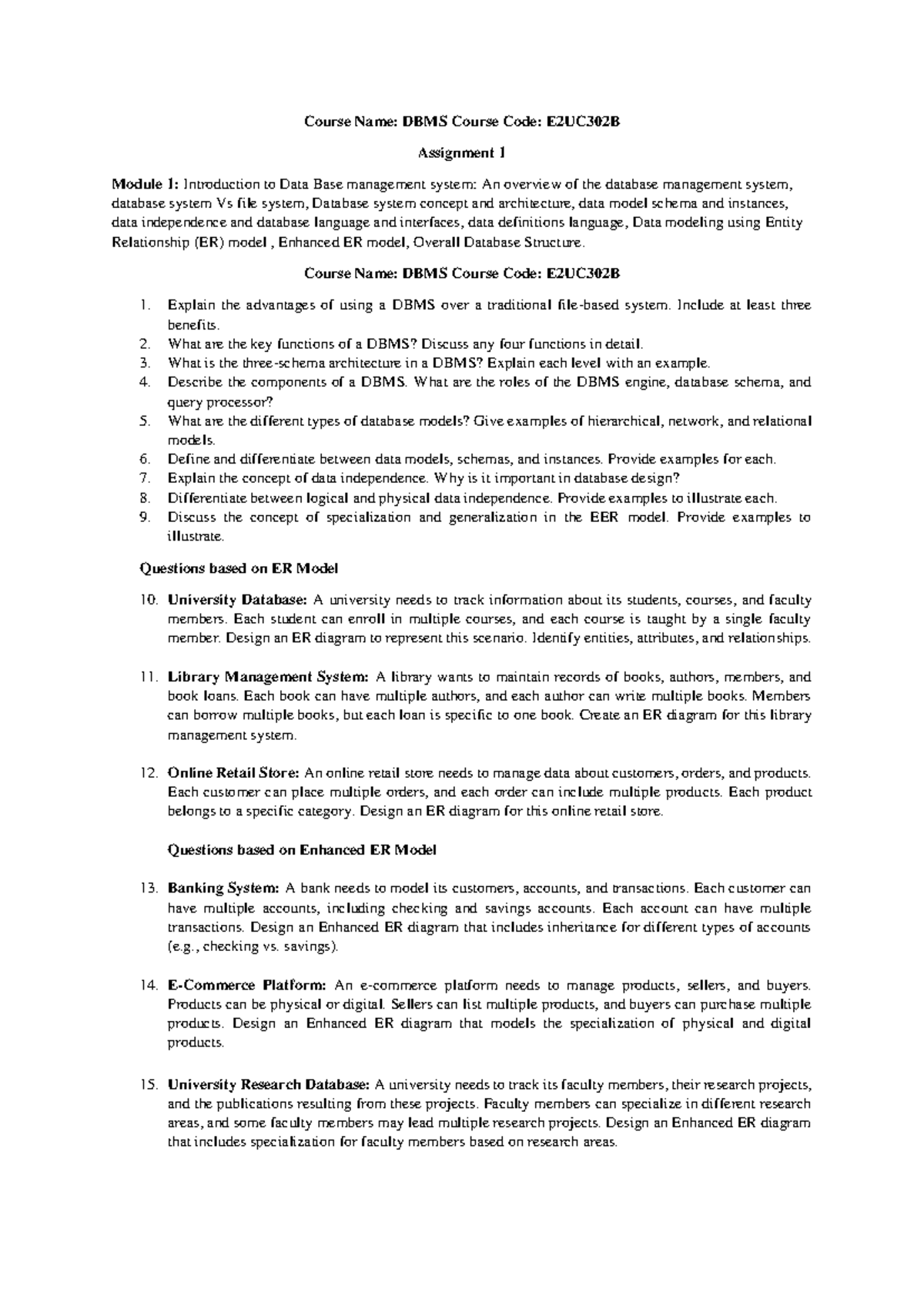 Assignment from Module 1 - Course Name: DBMS Course Code: E2UC302B ...