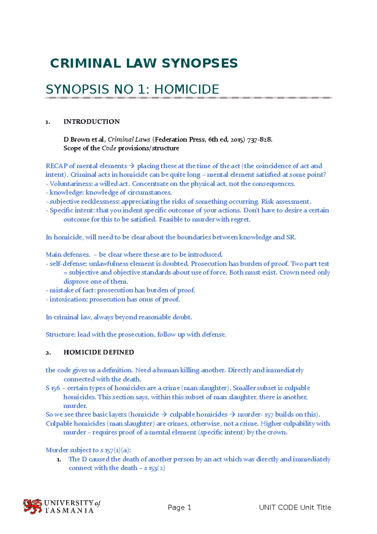 Criminal law B annotated synopsis - CRIMINAL LAW SYNOPSES SYNOPSIS NO 1 ...