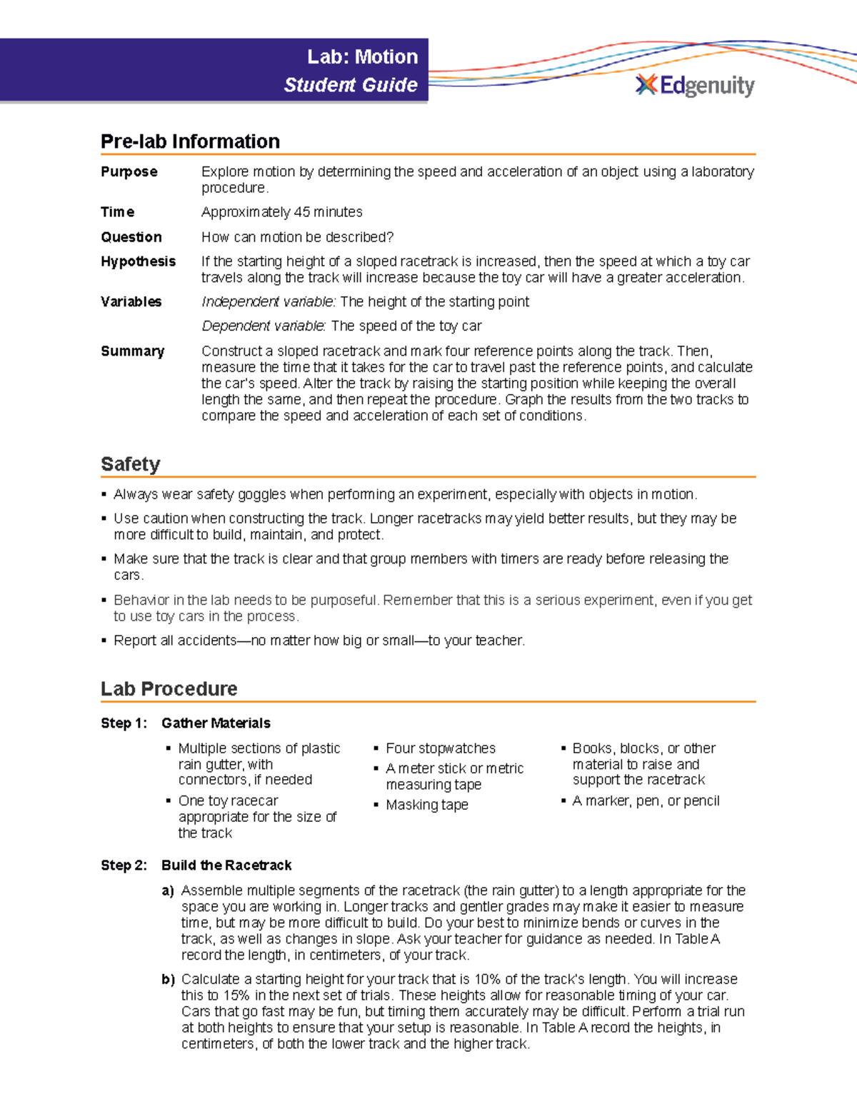 Lab-Motion-student guide (1) (1) - Pre-lab Information Purpose Explore ...
