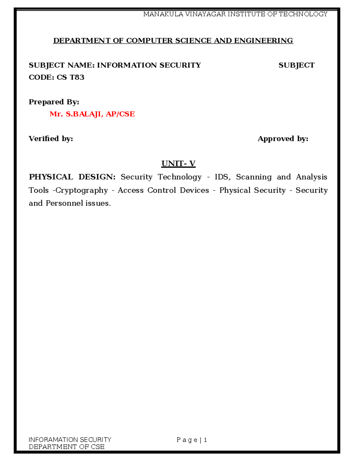 UNIT-V - DEPARTMENT OF COMPUTER SCIENCE AND ENGINEERING SUBJECT NAME ...