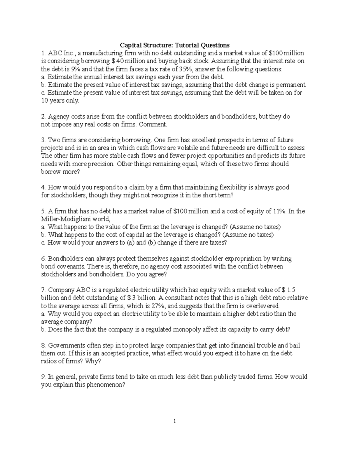 Tutorial Questions Capital Structure - 1 Capital Structure: Tutorial ...