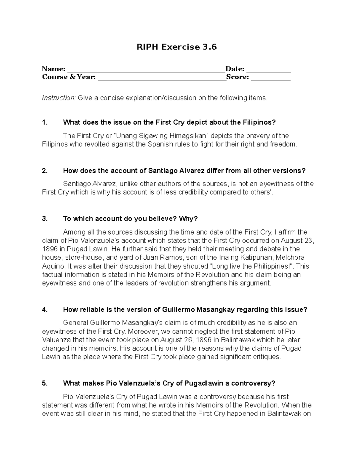 Answers to Readings in Philippine History (RIPH) Exercise 3.6 - RIPH ...