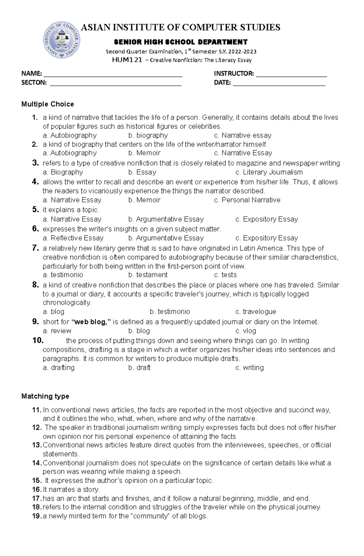 HUM121 2nd quarter - akjshdksjahd - ASIAN INSTITUTE OF COMPUTER STUDIES ...