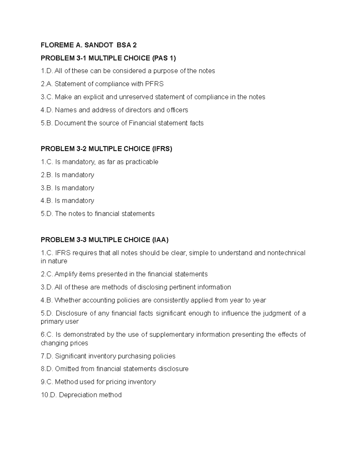 Notes to FS - FLOREME A. SANDOT BSA 2 PROBLEM 3-1 MULTIPLE CHOICE (PAS ...