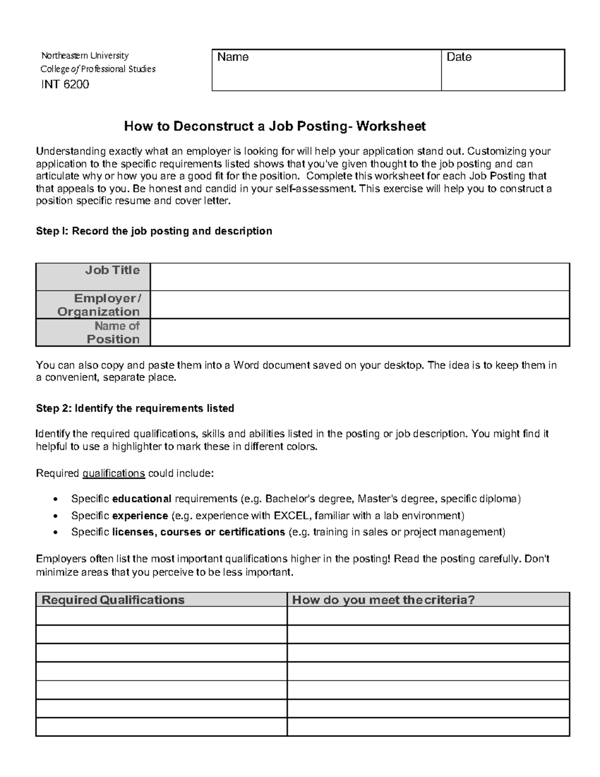 How To Deconstruct a Job Descripition Worksheet INT6200-1 ...
