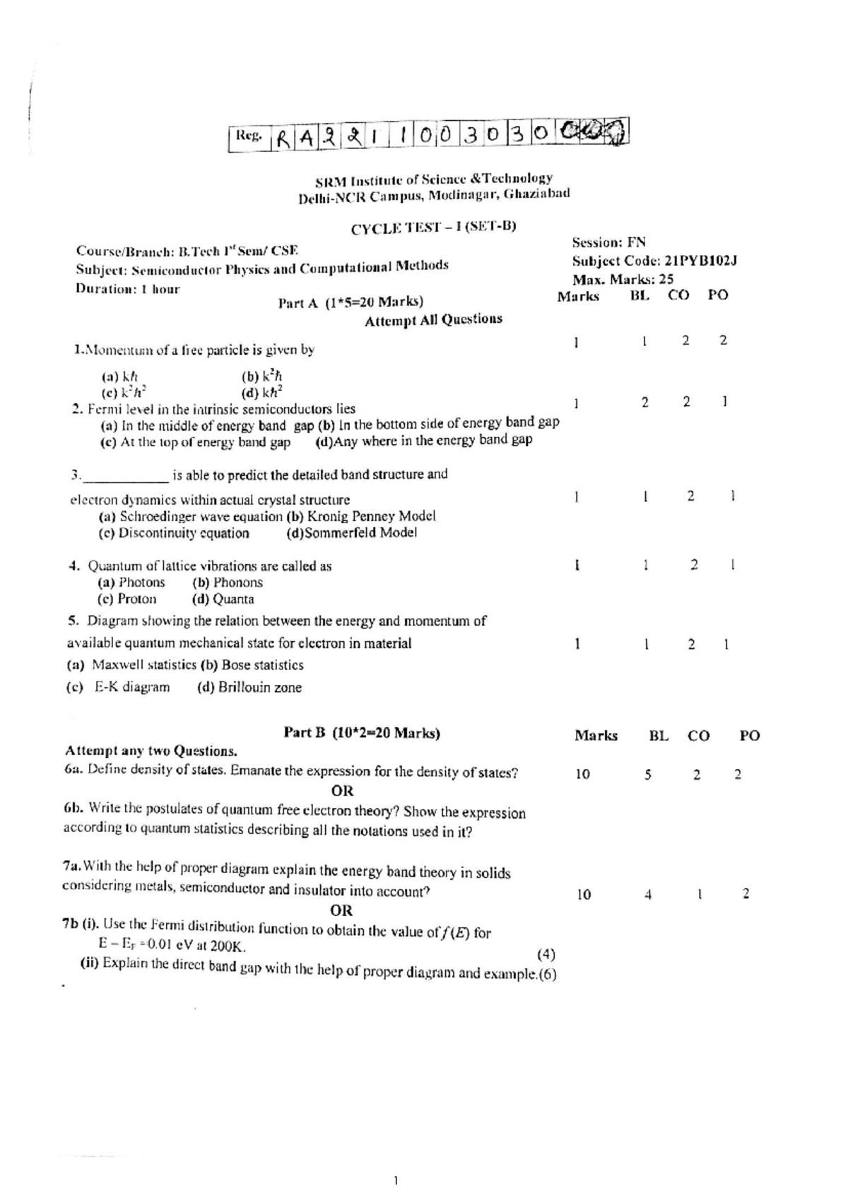 Physics PYQs - PART - C (1 x 15 = 15 Marks) Marks BL CO PO Answer ANY ONE Questions [ Reg. No. I ...
