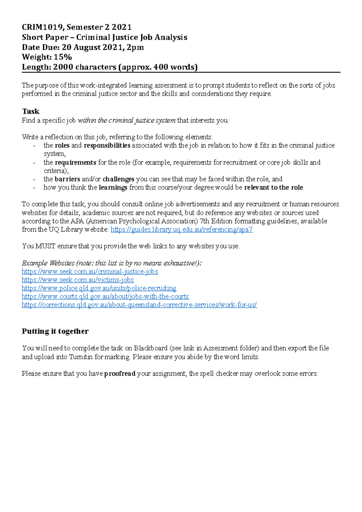 CRIM1019 job analysis - CRIM1019, Semester 2 2021 Short Paper ...
