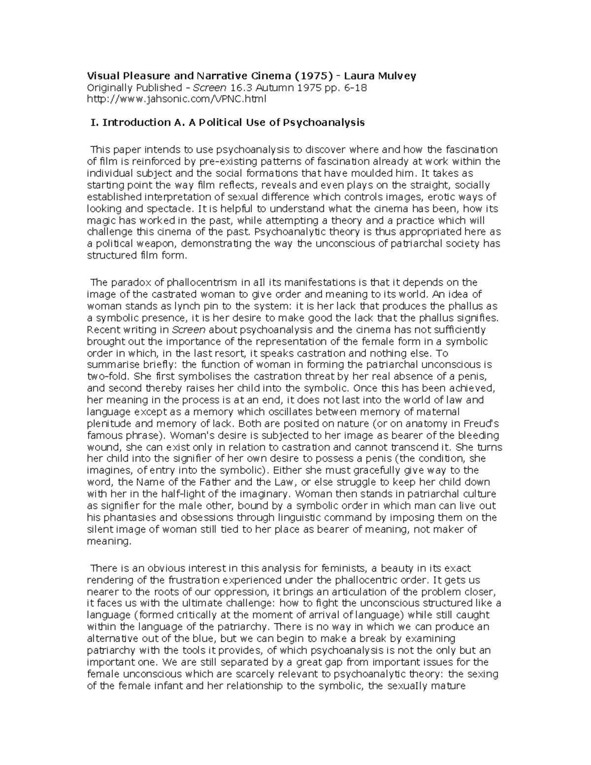 Mulvey- The Male Gaze - Visual Pleasure and Narrative Cinema (1975 ...