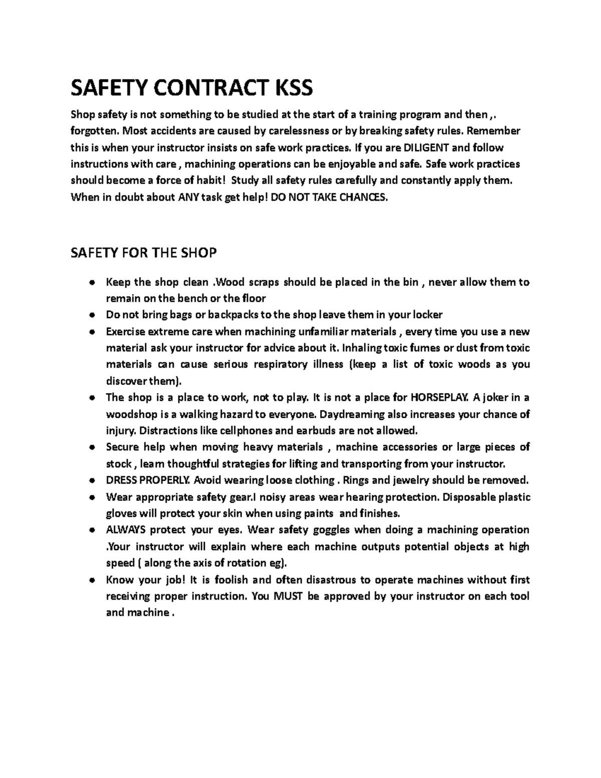 Woodshop Safety Contract KSS - SAFETY CONTRACT KSS Shop safety is not ...