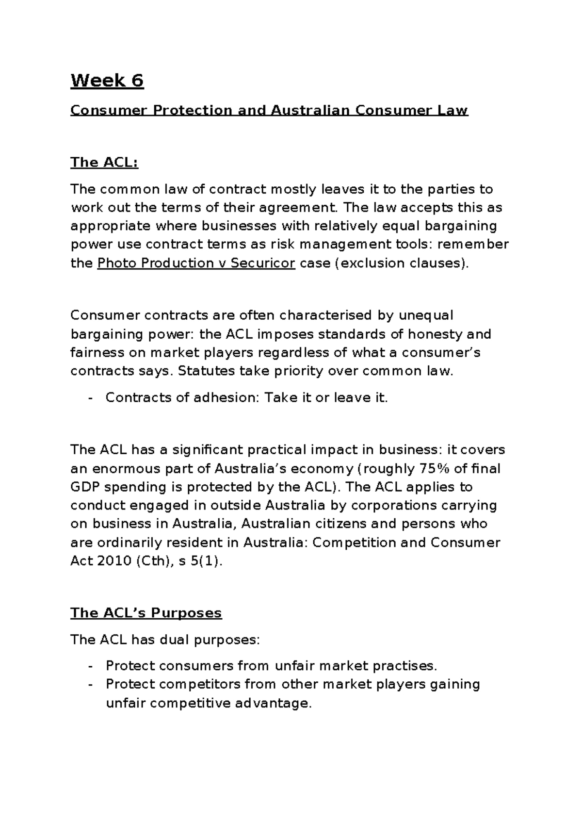 Week 6 - Consumer Protection and Australian Consumer Law - Week 6 ...
