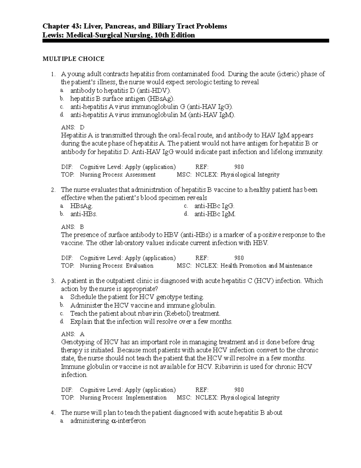 C43 - ch 43 test bank - Chapter 43: Liver, Pancreas, and Biliary Tract ...