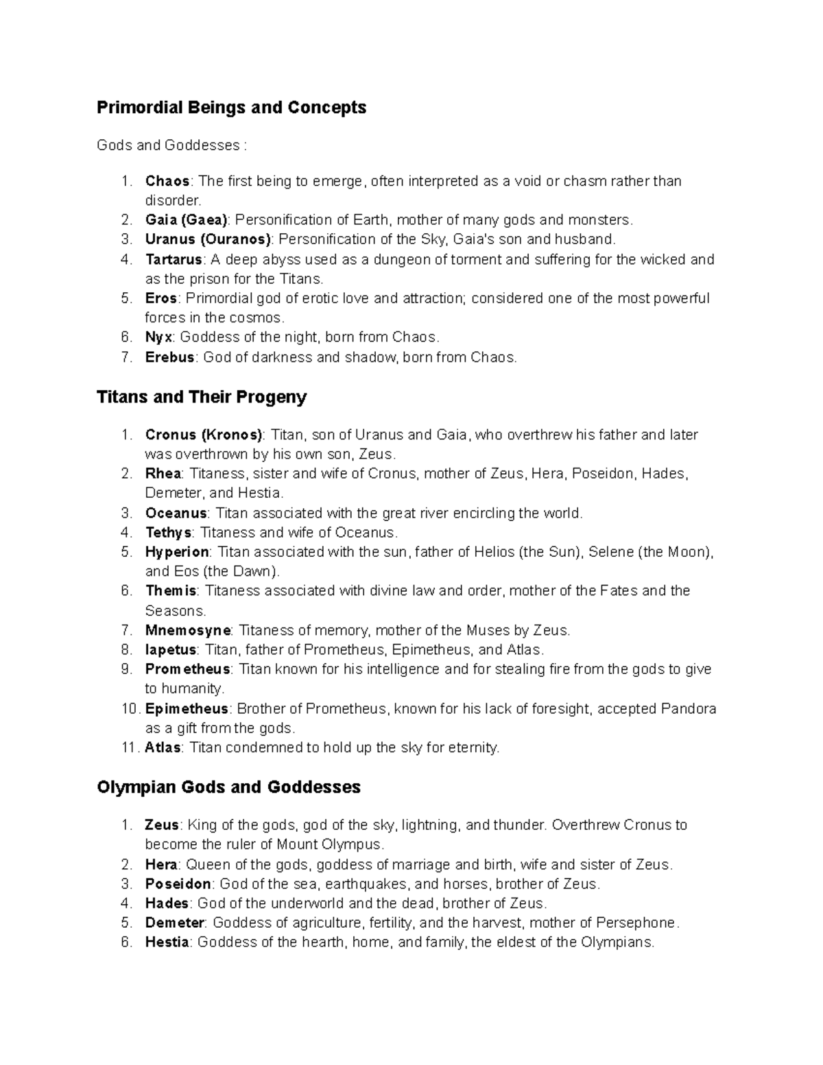 ANHS1602 - Lecture Notes - Primordial Beings and Concepts Gods and ...