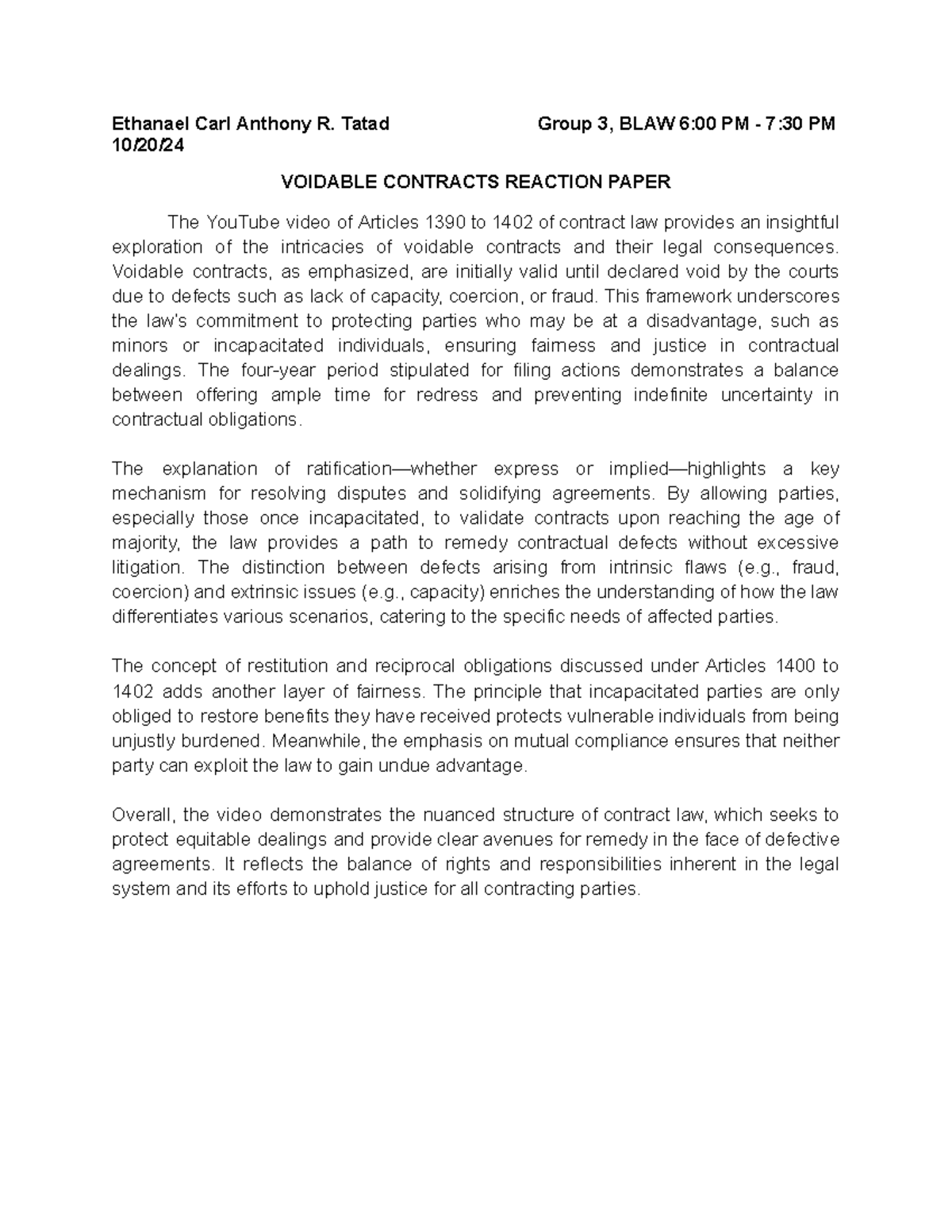 Reaction Papers General Provisions ON Contracts - Consent - Ethanael ...