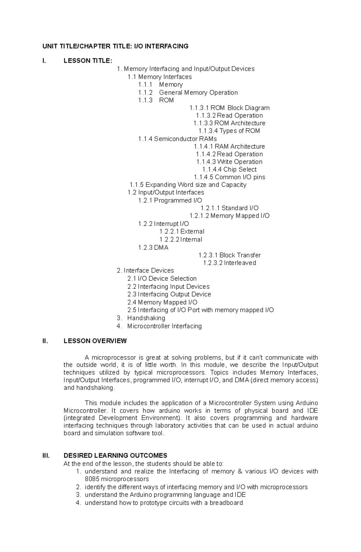 Module-6-Interfacing Techniques - UNIT TITLE/CHAPTER TITLE: I/O INTERFACING I. LESSON TITLE ...