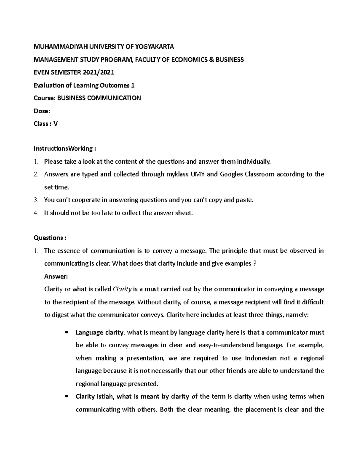 Business Communication Exam - MUHAMMADIYAH UNIVERSITY OF YOGYAKARTA ...