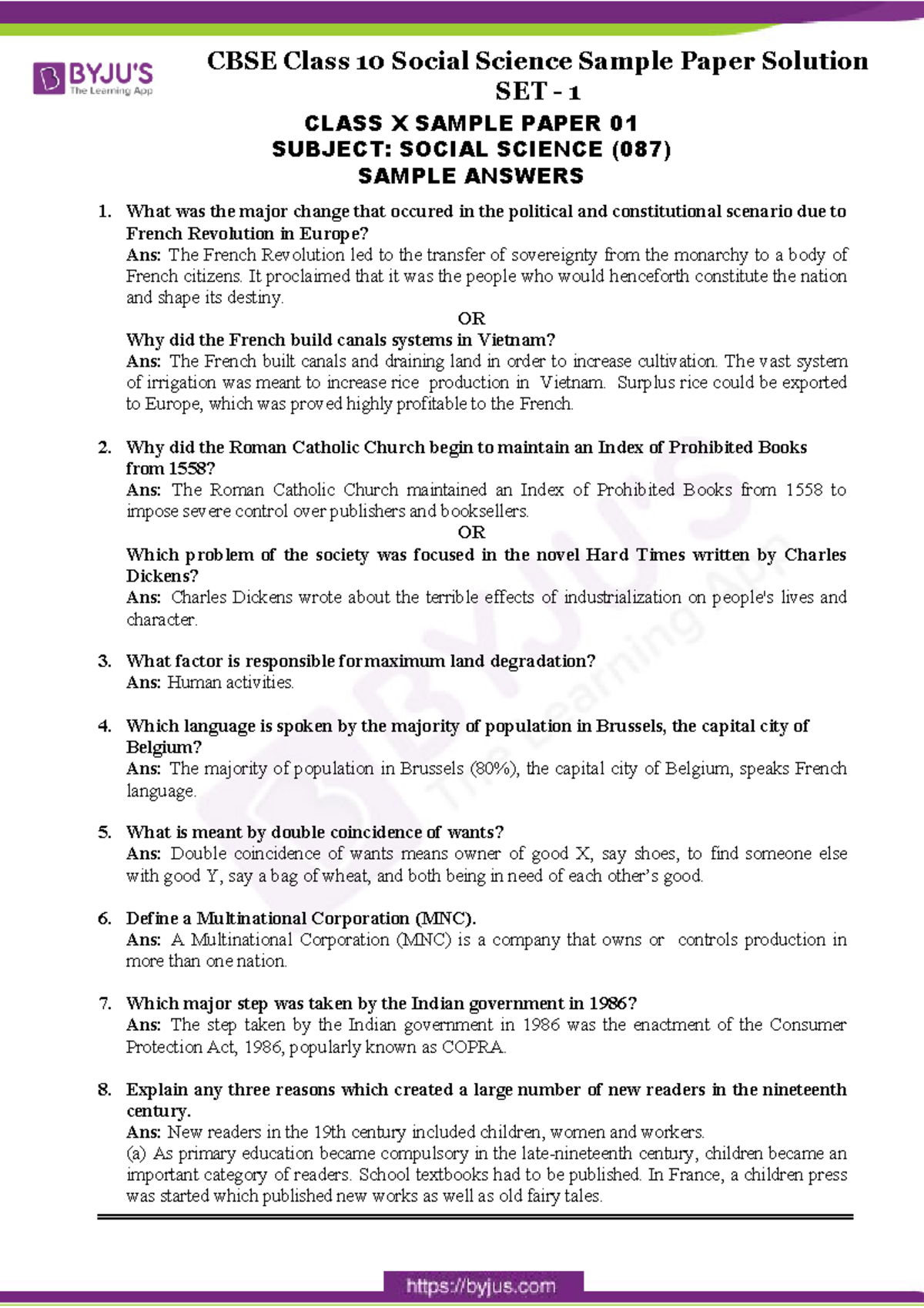 CBSE Class 10 Social Science Sample Paper Solution SET 1 - CLASS X ...