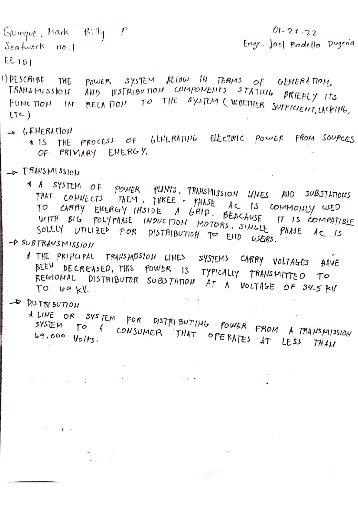 EE 151 Seatwork no - Transmission and Distribution - Electrical engineering - Studocu