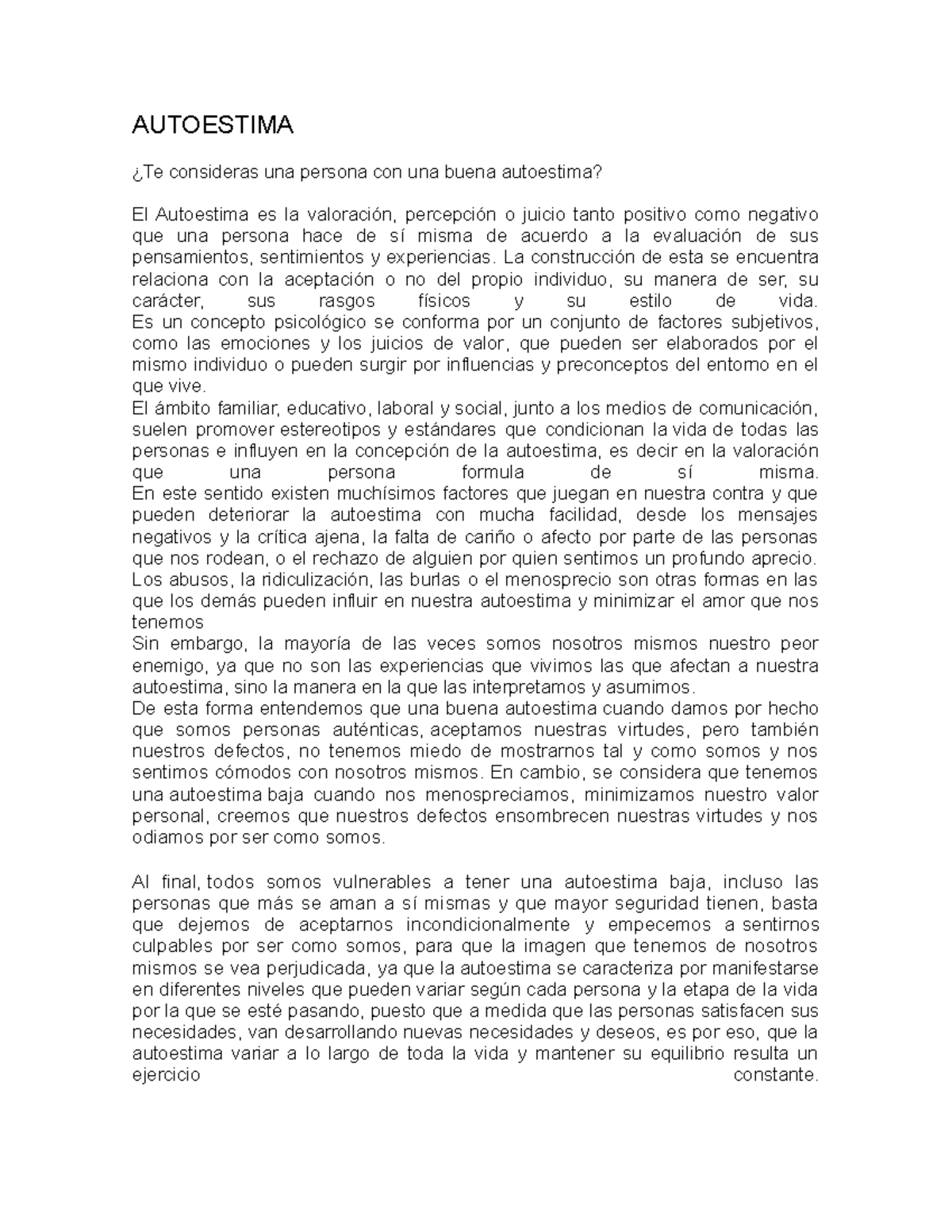 Autoestima - La construcción de esta se encuentra relaciona con la ...