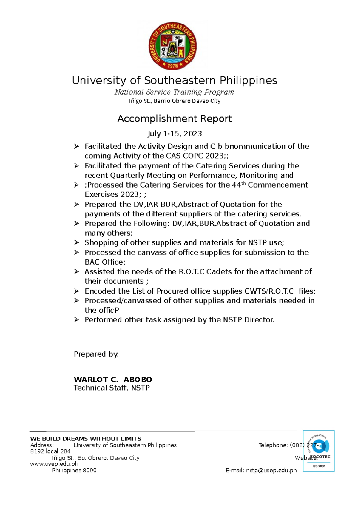 Warlot Accomplishment Report 2 - University of Southeastern Philippines ...