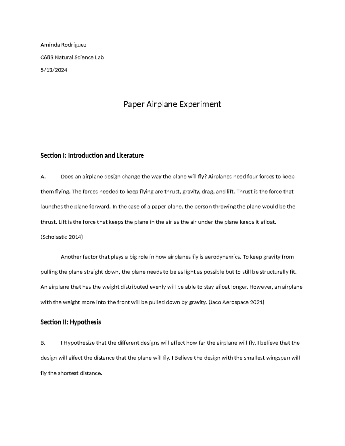 C683 Task 1 - Natural science lab on Paper Airplane experiment - Aminda ...