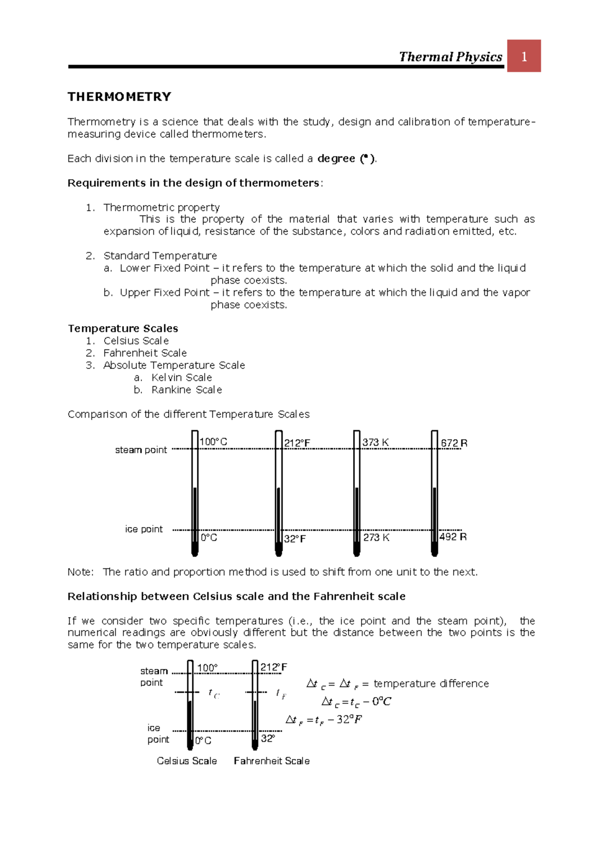 Thermal Physics Lecture Outline - THERMOMETRY ####### Thermometry is a science that deals with ...