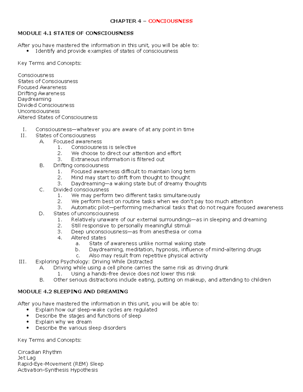 Ch04 Consciousness - Modern-Psychology - CHAPTER 4 – CONCIOUSNESS ...