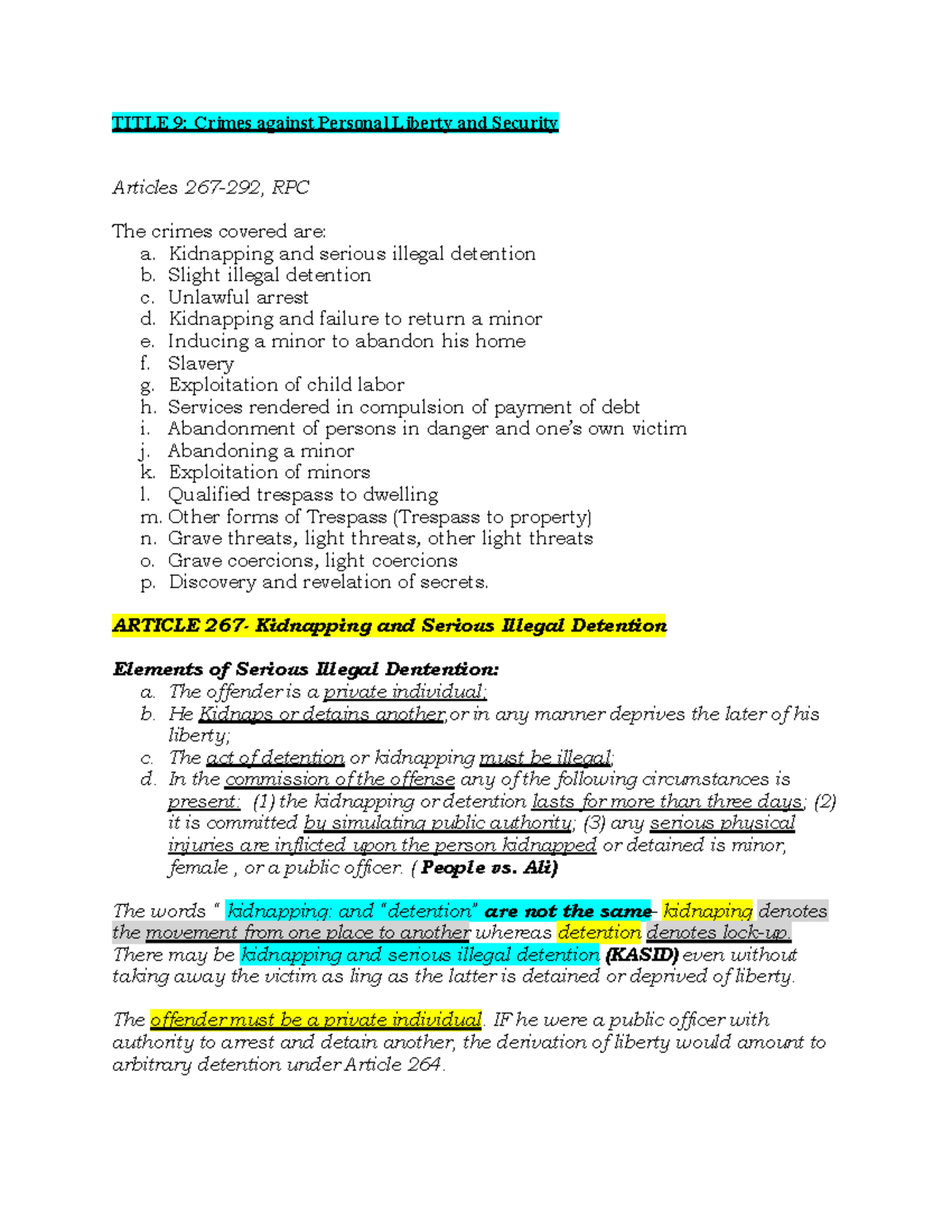 Title 9 Finals Crimrev - TITLE 9: Crimes against Personal Liberty and ...